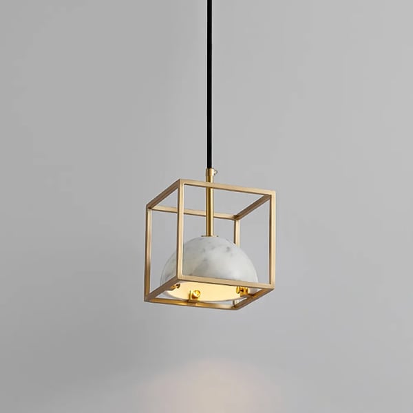 Brass Geometric Pendant Light with White Faux Marble Shade | Homary