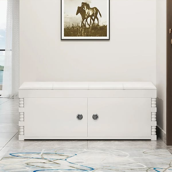 White Entryway Bench with Shoe Storage Leather Upholstered-Homary