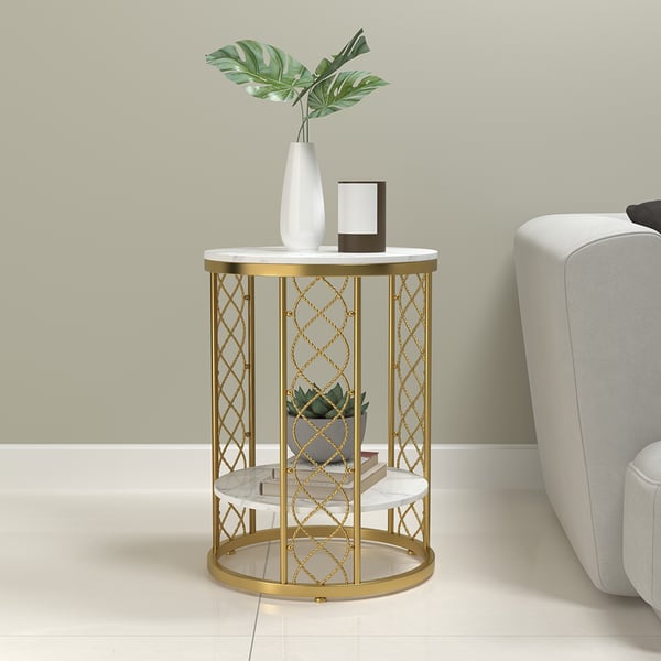 Modern White Round End Table with Storage Marble Side Table Metal in ...