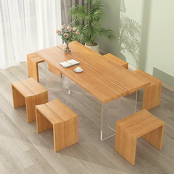 Modern 71" Acrylic Dining Table Rectangle Natural Wood Tabletop ...