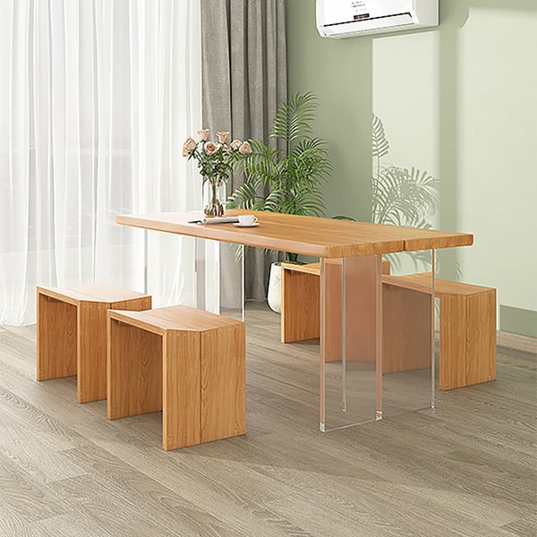 Modern 63" Acrylic Dining Table Rectangle Natural Wood Tabletop ...