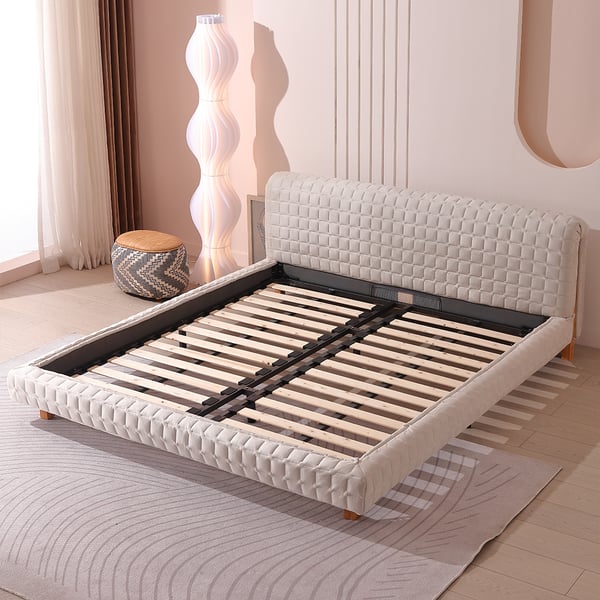Modern King Upholstered Platform Bed Low Profile Cloud Bed Solid Wood ...