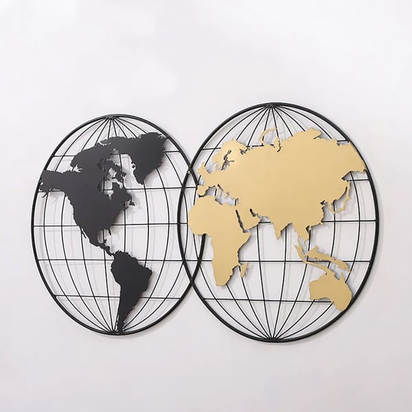 Modern Geometry World Map Wall Decor with Metal Round Frame in Black ...