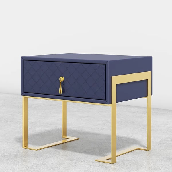 Modern Nightstand with Drawer, PU Leather in Deep Blue, Gold Leg | Homary