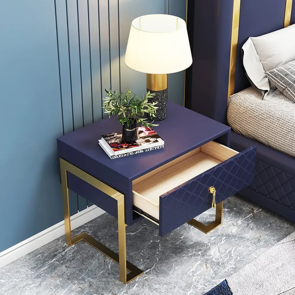 Modern Nightstand with Drawer, PU Leather in Deep Blue, Gold Leg | Homary