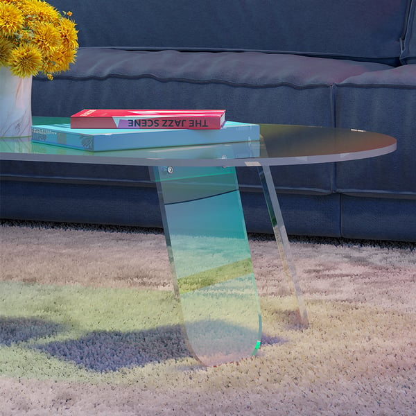 Table basse ovale moderne en acrylique transparent irisé avec 4 pieds ...