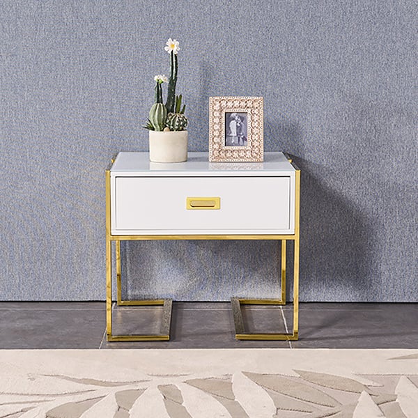 Jocise Modern White Side Table Wooden End Table with 1 Drawer & Golden ...