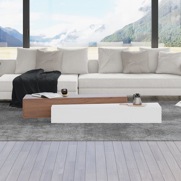 Set of 2 Low Block Coffee Table Wood with 2 Storage Drawers in White ...