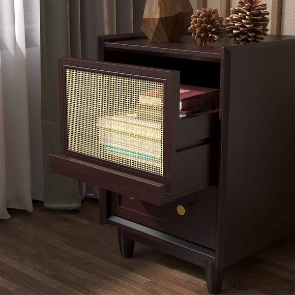 Rustic Rattan Black Walnut Nightstand with Storage Solid Wood 2- Drawer ...