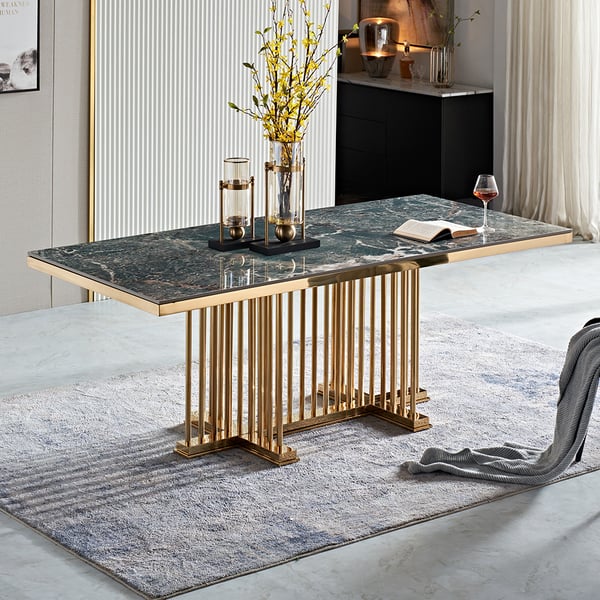 70.9" Modern Rectangular Glossy Sintered Stone Dining Table Gold ...