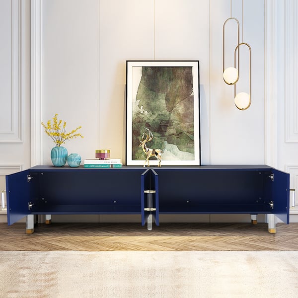 Modern Blue Wood TV Stand with 4 Doors Acrylic Leg Media Console for 80 ...