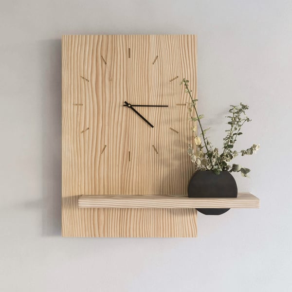 Japandi Natural Wood Rectangle Wall Clock with Black Vase Decor Living ...