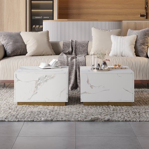 Set of 2 Square Block Coffee Table Wood in White & Gray Marble Veneer ...