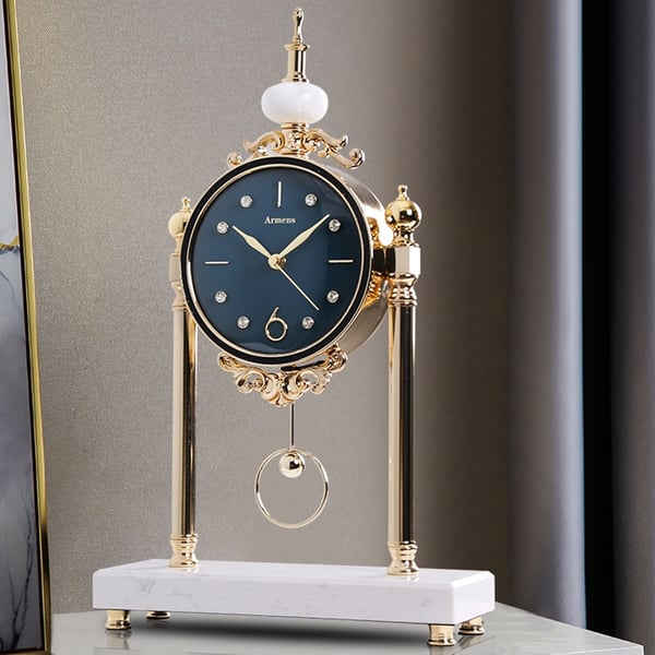 Traditional Metal Blue Round Mantel & Table Top Clock with Pendulum ...