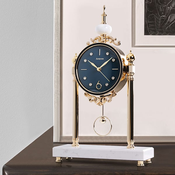 Traditional Metal Blue Round Mantel & Table Top Clock with Pendulum ...