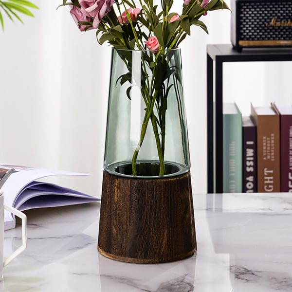 Nordic Style Glass & Wood Table Flower Vase Home Decorative Object Desk ...
