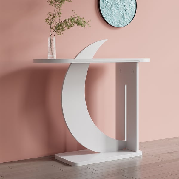 39.4" White Moon Shape Console Table Oval Wood Entryway Table with ...