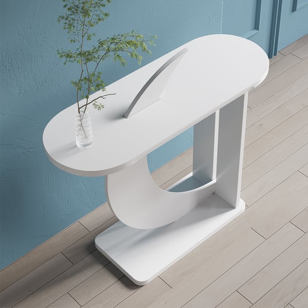 1000mm White Moon Shape Console Table Oval Wood Entryway Table with ...