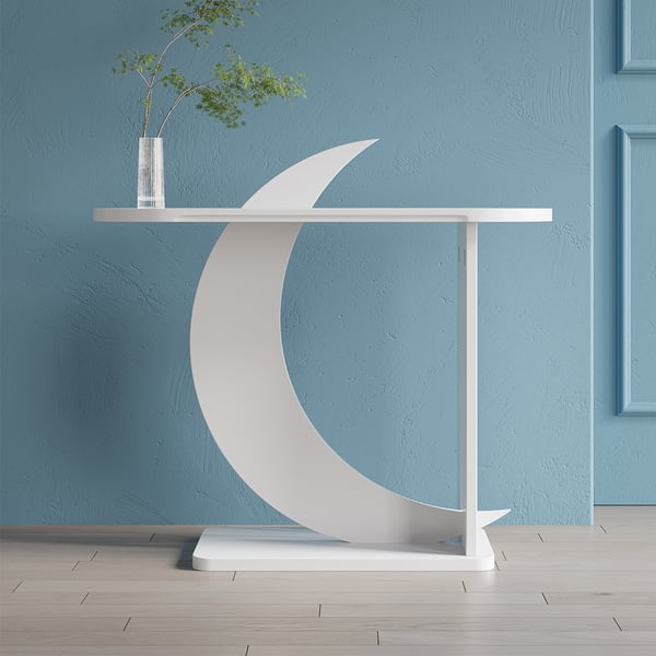 1000mm White Moon Shape Console Table Oval Wood Entryway Table with ...