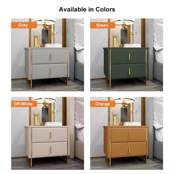 Modern Orange Nightstand 2-Drawer Faux Leather Bedside Table in Gold-Homary