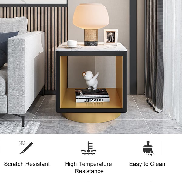 Modern White Side Table with Storage Hollow Cube Table with Gold Metal ...