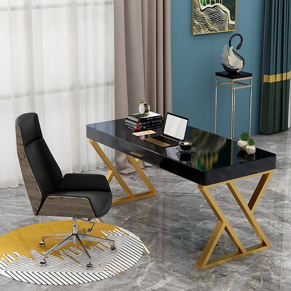 Modern Black and Gold Rectangular Writing Desk in MDF & Metal Home ...