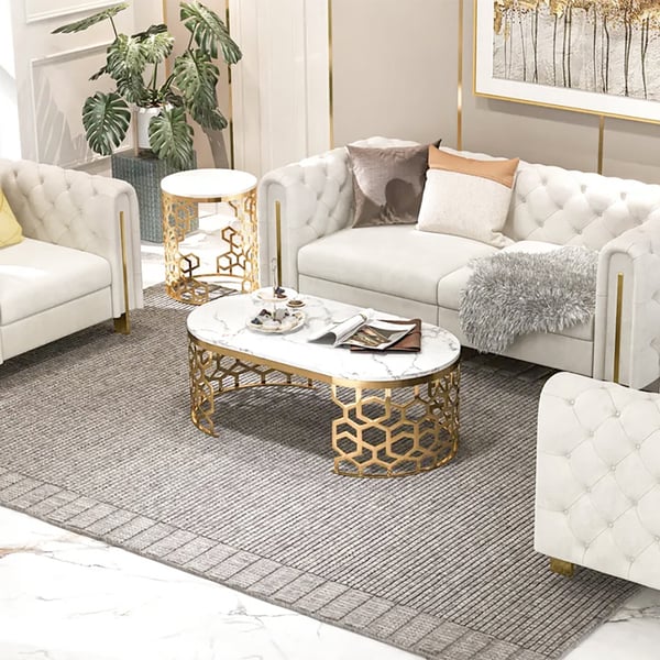 Currs Gold Glam Round End Table with Marble Top Side Table-Homary