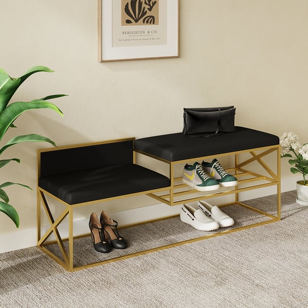 Modern PU Leather Upholstered Entryway Bench Black with Gold Legs-Homary