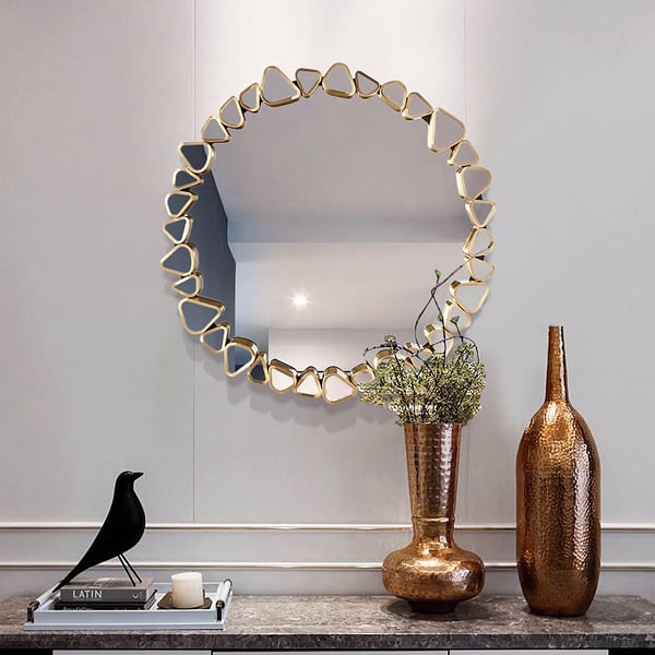 23.6" Modern Large Gold Round Pebble Wall Mirror Decor with Geometric ...