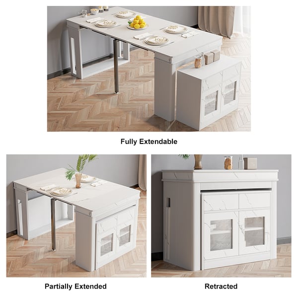 Free Shipping on Modern White Extendable Dining Table Set Rectangle Storage Sideboard with 4 ...