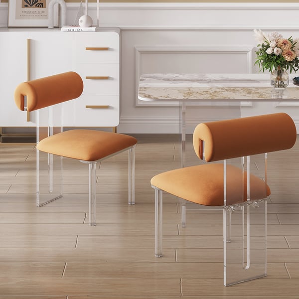 Modern Upholstered Orange Velvet Dining Chairs (Set of 2) Acrylic Side ...