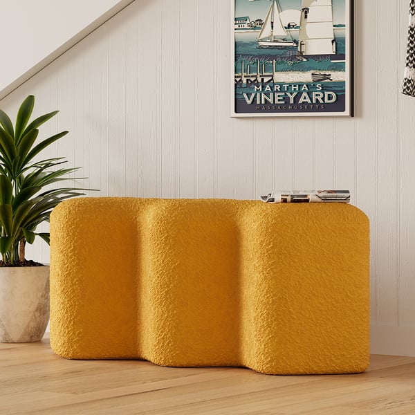 Modern Yellow Entryway Bench Boucle Upholstered Molecule Ottoman Wooden ...