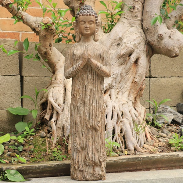 Outdoor Garden Standing Pray Buddha Statue Patio Distressed Brown Resin ...