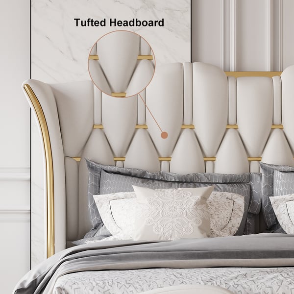 Modern Off-White Upholstered Tufted King Bed with Wingback Headboard ...