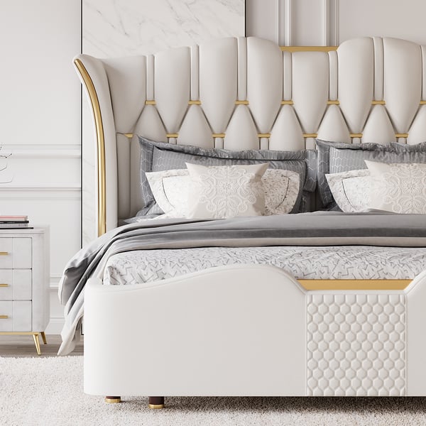 Modern Off-White Upholstered Tufted King Bed with Wingback Headboard ...
