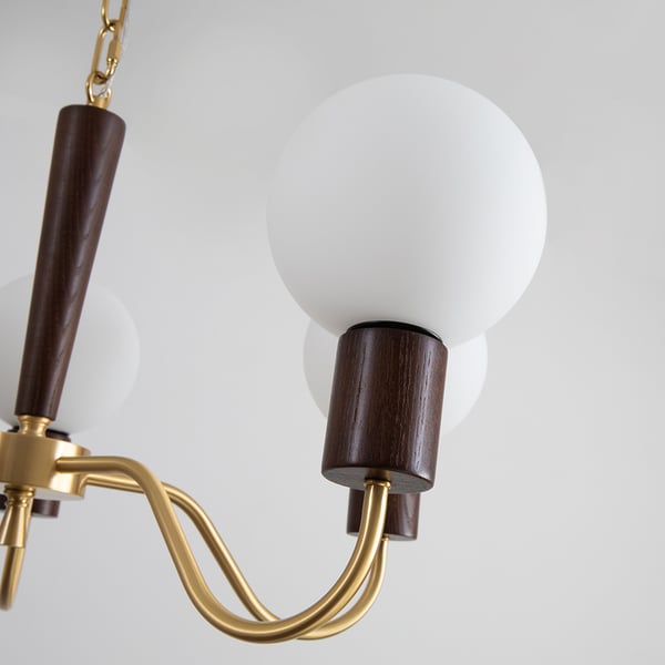 5-Light Wood Ceiling Chandelier Pendant Light with Milky White Glass ...