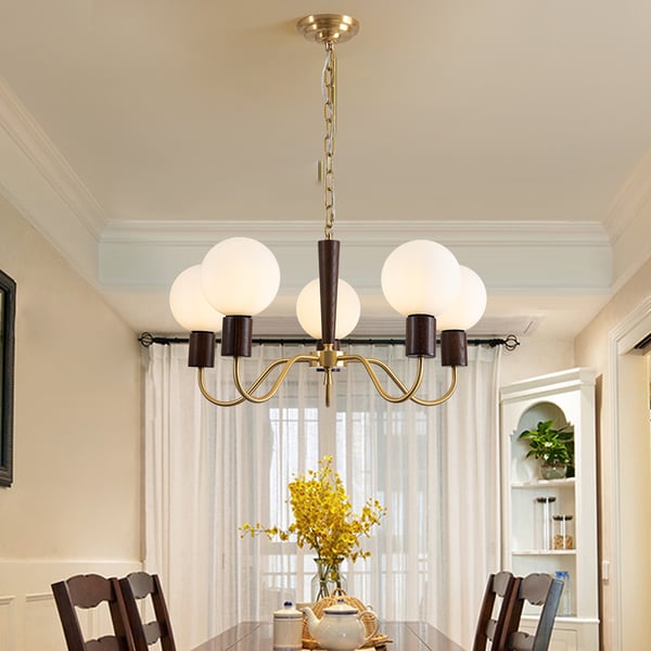 5-Light Wood Ceiling Chandelier Pendant Light with Milky White Glass ...
