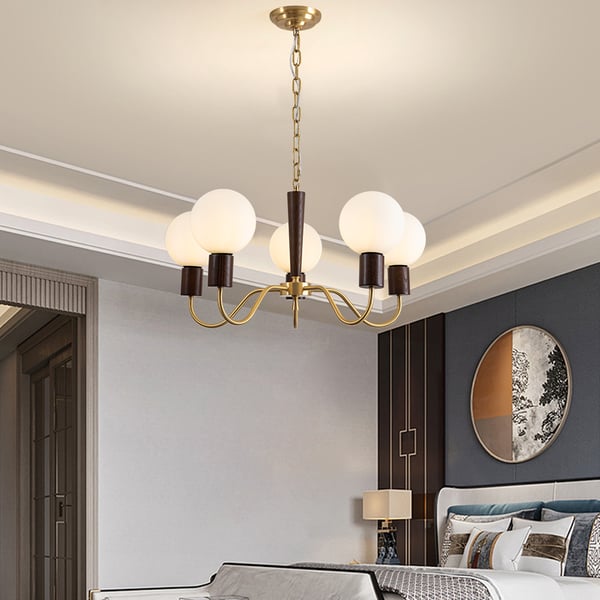 5-Light Wood Ceiling Chandelier Pendant Light with Milky White Glass ...