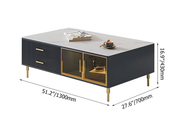 Modern Blue Coffee Table with 2 Glass Door Storage & 4 Drawers Gold ...