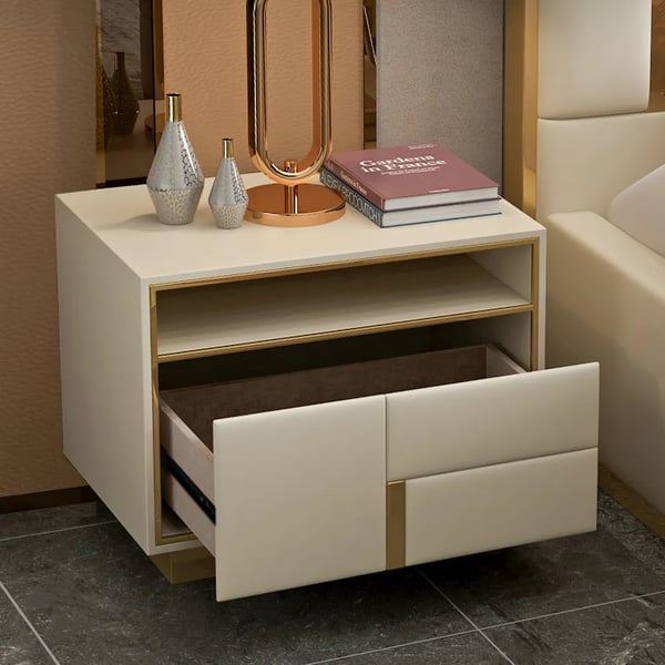 Modern Off-White Wooden Nightstand PU Leather Upholstery with 1 Drawer ...