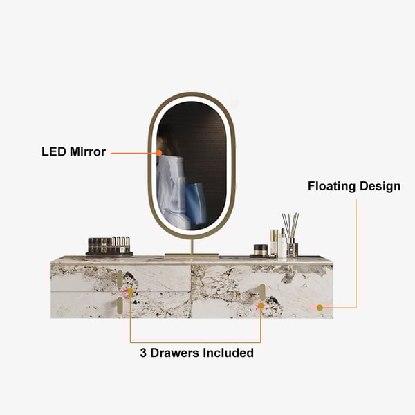 Modern White Floating Makeup Vanity Set Dressing Table with LED Mirror & Leather Stool-Homary