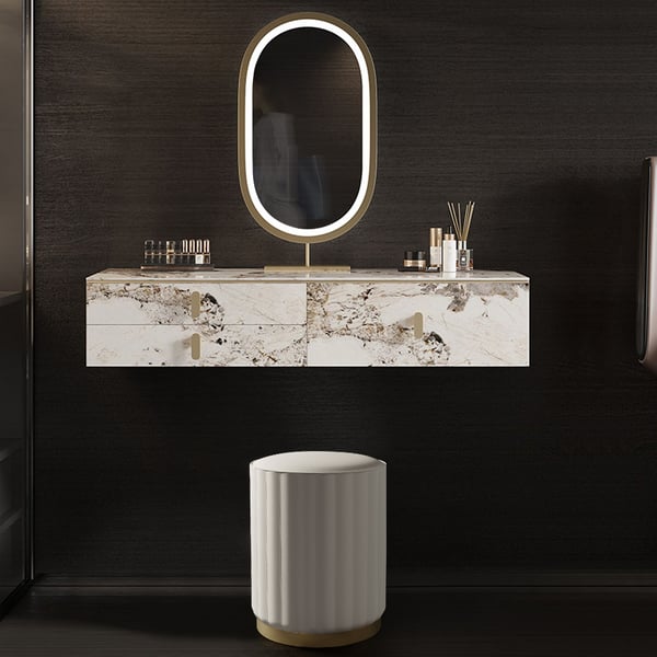 Modern White Floating Makeup Vanity Set Dressing Table with LED Mirror & Leather Stool-Homary