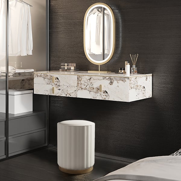 Modern White Floating Makeup Vanity Set Dressing Table with LED Mirror & Leather Stool-Homary