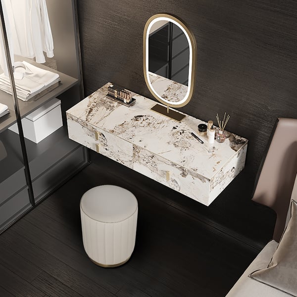 Modern White Floating Makeup Vanity Set Dressing Table with LED Mirror & Leather Stool-Homary