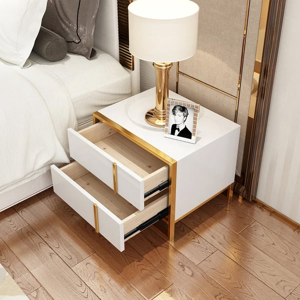 Rimh White Lacquer Nightstand with 2 Drawers Stainless Steel in Gold ...