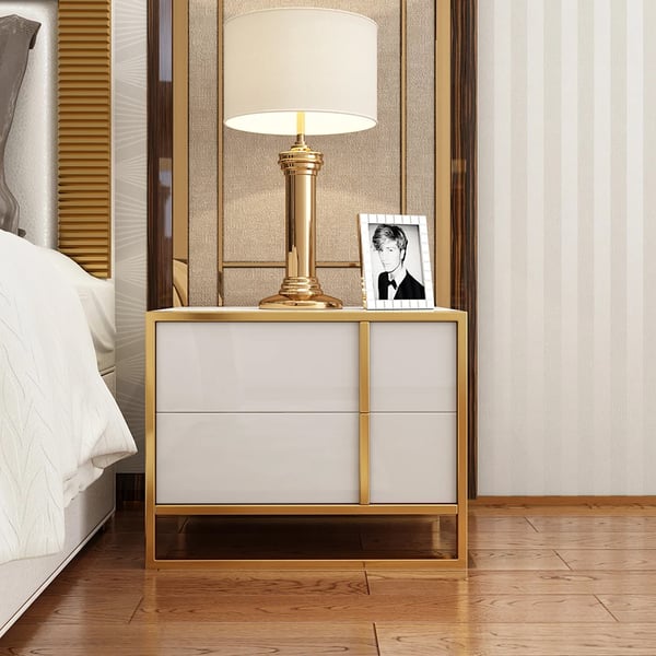 Rimh White Lacquer Nightstand with 2 Drawers Stainless Steel in Gold ...