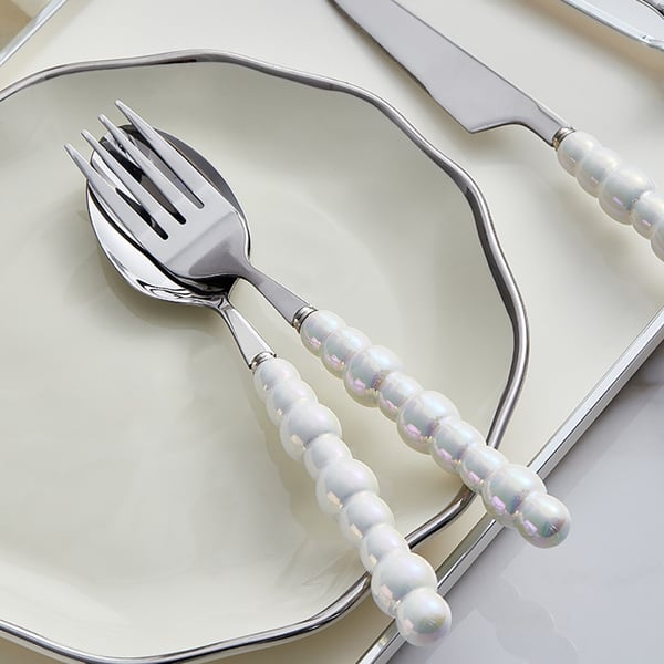 Modern Flatware Set for 4 Ceramic Unique Iridescent White Pearl Cutlery ...