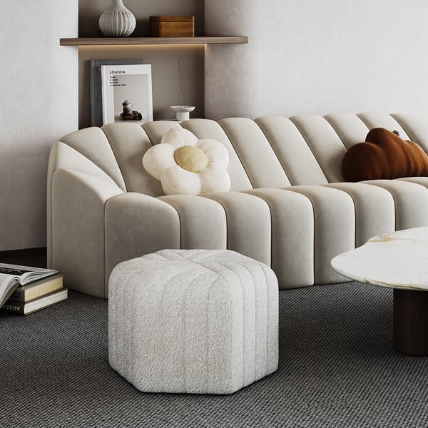 470mm Wide White Boucle Pouf Ottoman Hexagonal Footrest Stool-Homary