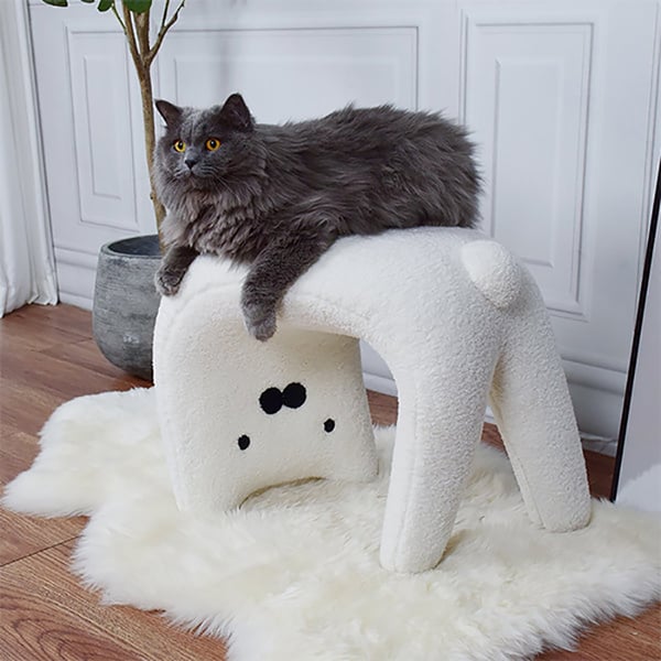 Modern White Cat Vanity Stool with Teddy Velvet Upholstery Backless ...