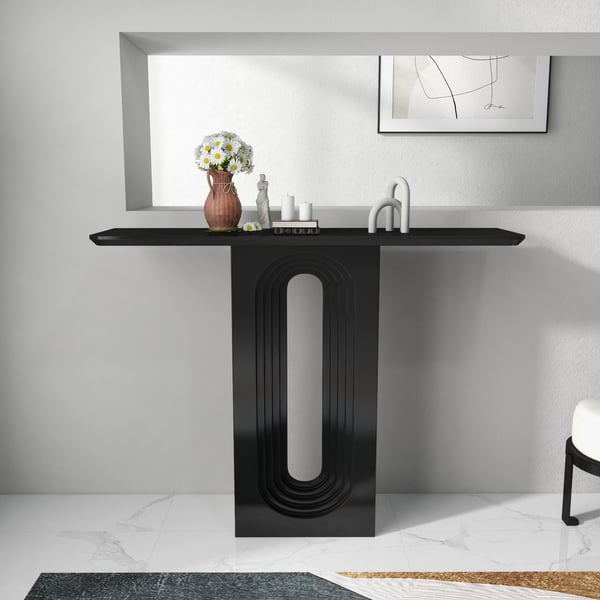 47" Japandi Narrow Wood Black Console Table with Geometric Pedestal ...